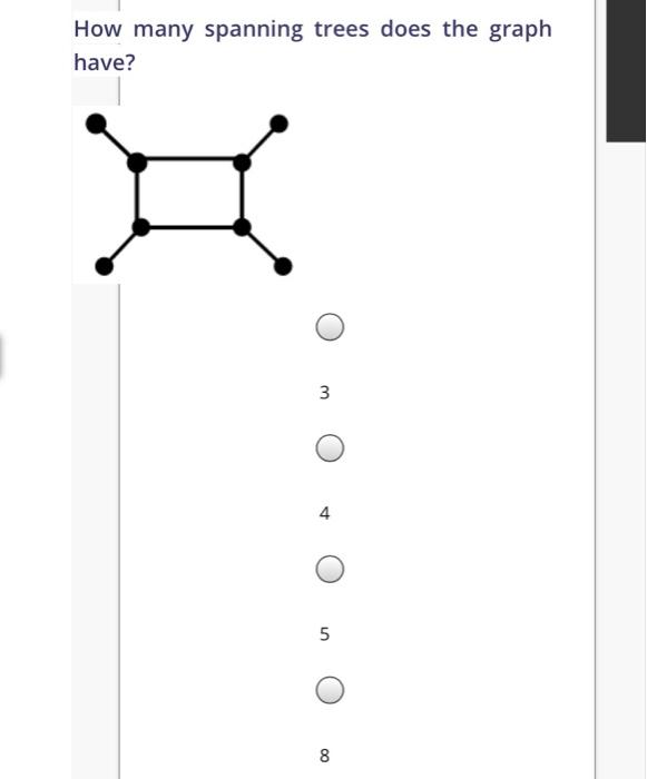 Solved How many spanning trees does the graph have? 3 4 5 8 | Chegg.com
