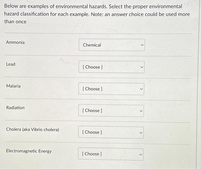 Solved Below are examples of environmental hazards. Select | Chegg.com