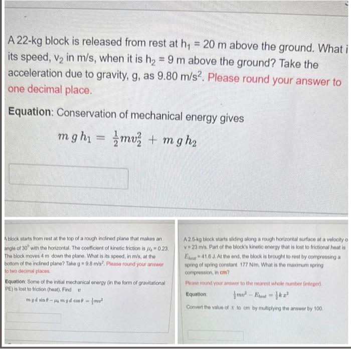 Solved A 22-kg block is released from rest at h1=20 m above | Chegg.com