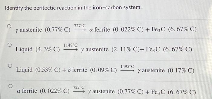 Solved Identify the peritectic reaction in the iron-carbon | Chegg.com