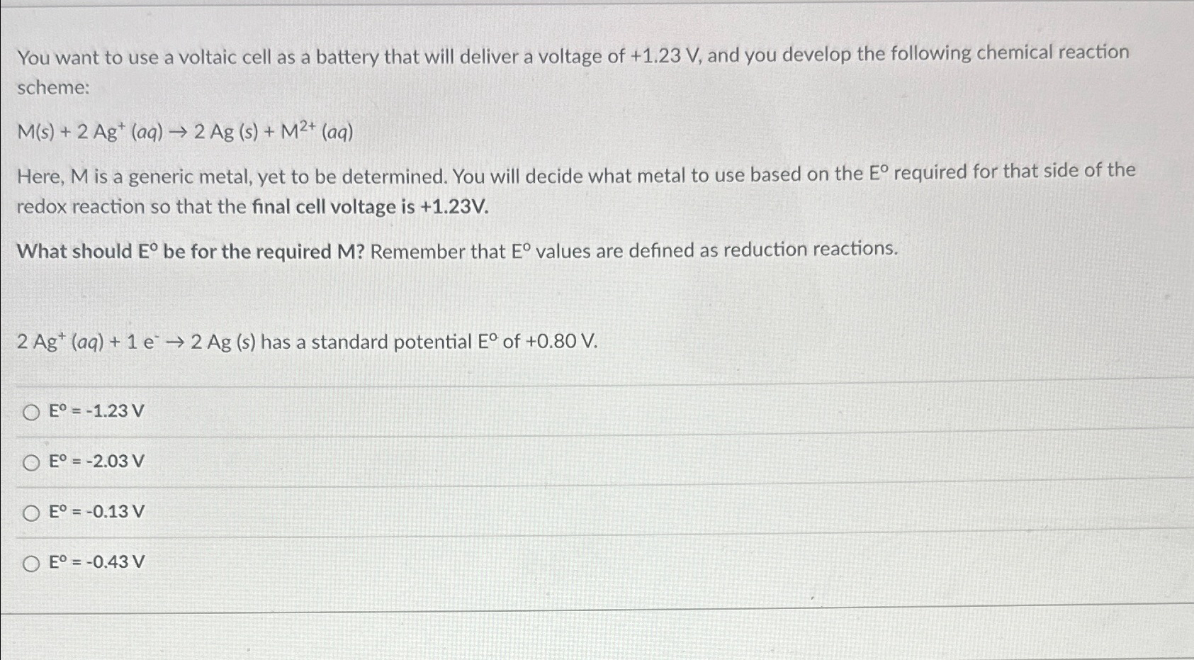 Solved You want to use a voltaic cell as a battery that will | Chegg.com