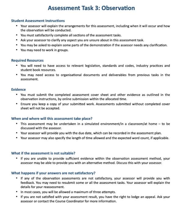 Assessment Task 3: Observation Student Assessment | Chegg.com
