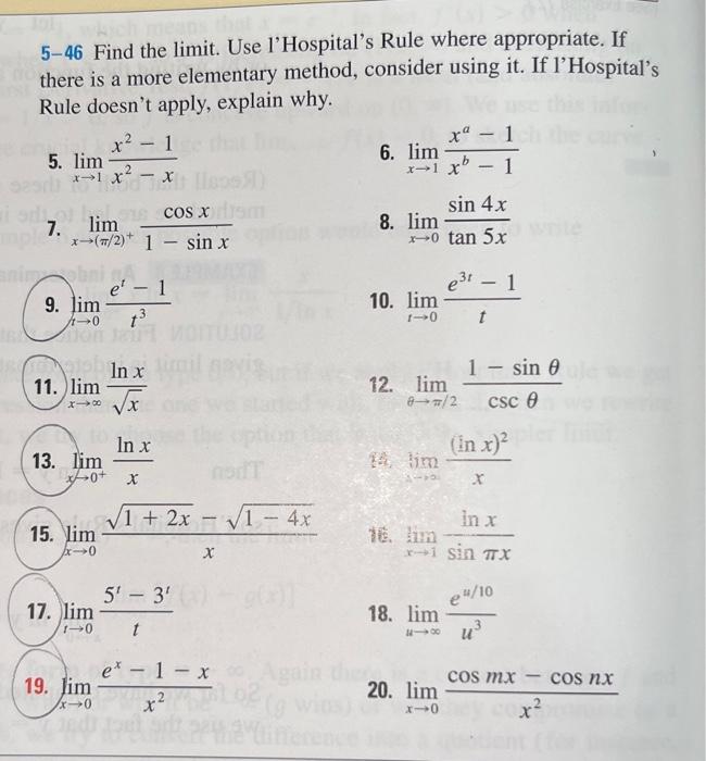 Solved 5-46 Find the limit. Use l'Hospital's Rule where | Chegg.com