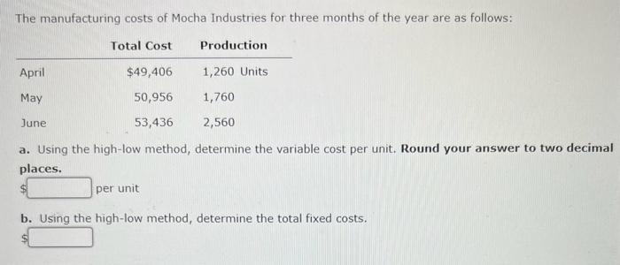 Solved The manufacturing costs of Mocha Industries for three | Chegg.com