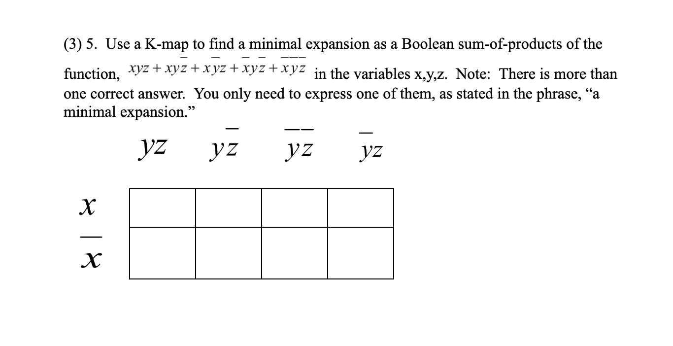 Solved (3) 5. ﻿Use a K-map to find a minimal expansion as a | Chegg.com