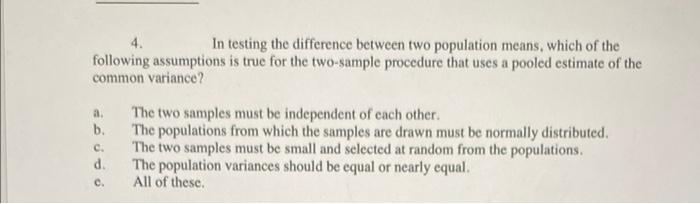 Solved 4. In testing the difference between two population | Chegg.com
