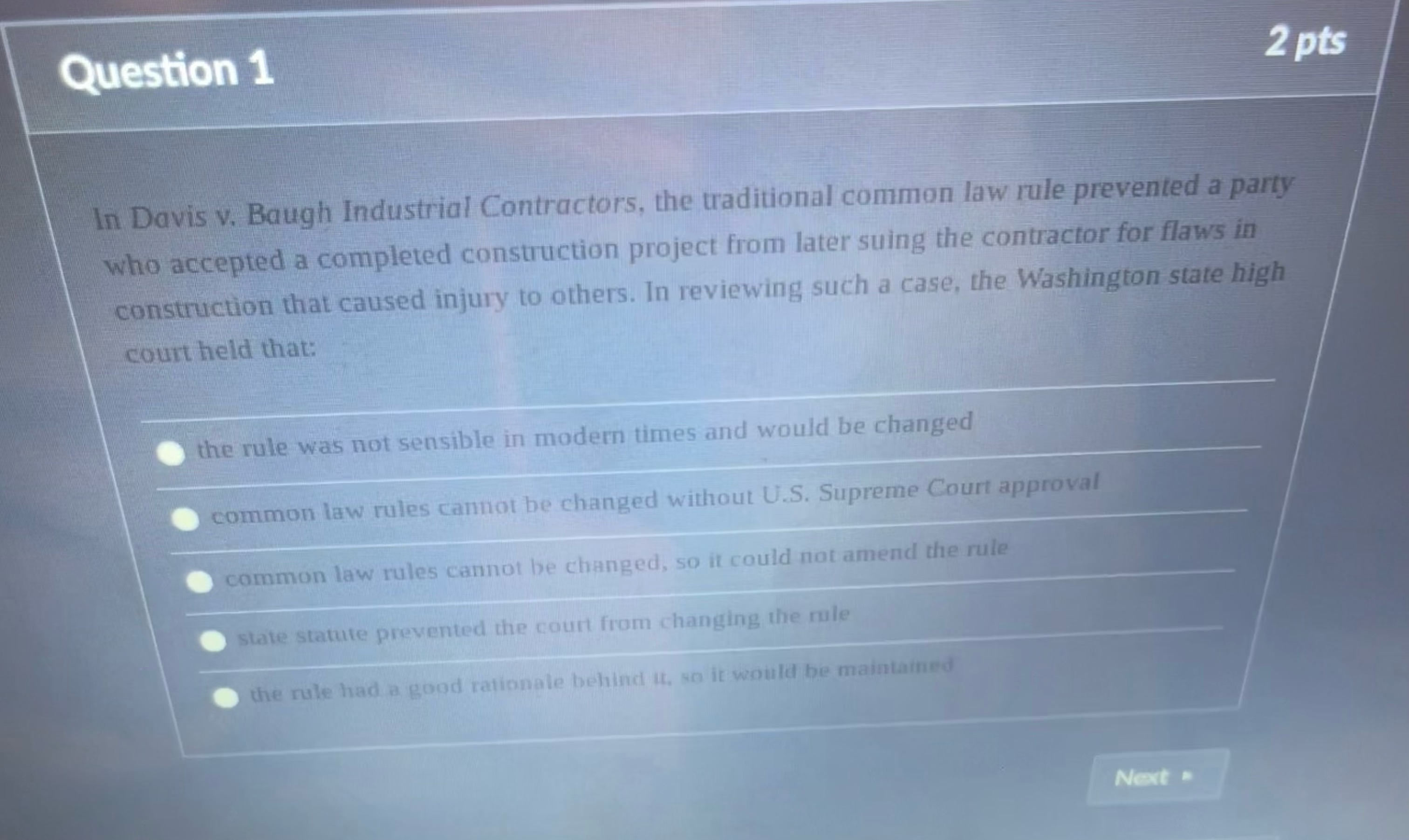 Solved Question 12 ﻿ptsIn Davis v. ﻿Baugh Industrial | Chegg.com