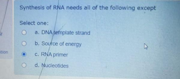 Solved Synthesis of RNA needs all of the following except | Chegg.com