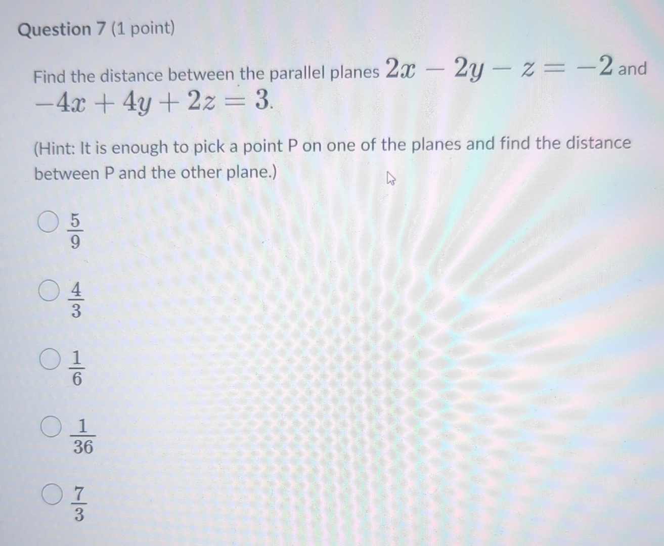 Solved Question 7 (1 ﻿point)Find the distance between the | Chegg.com