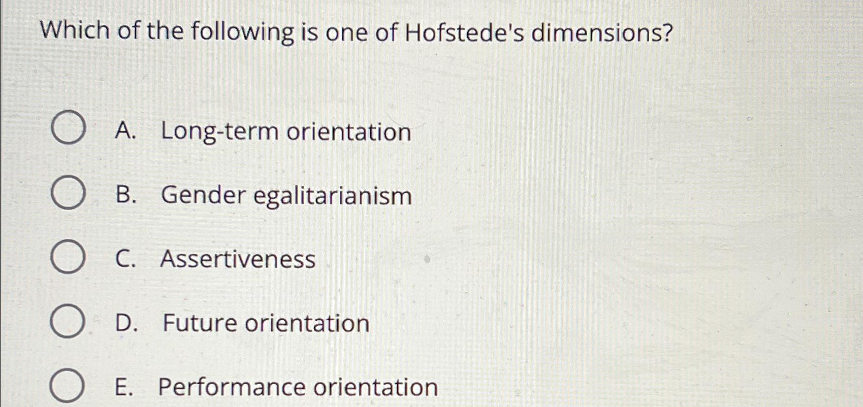 Solved Which of the following is one of Hofstede's | Chegg.com