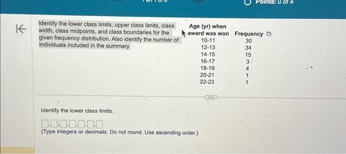 Solved K Identify the lower class limits, upper class | Chegg.com