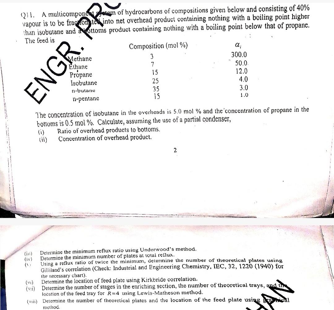 Solved Q11. ﻿A multicompona hydrocarbons of compositions | Chegg.com