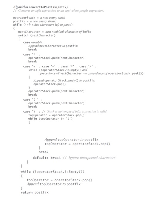 Solved Using the algorithm convertToPostfix given in | Chegg.com