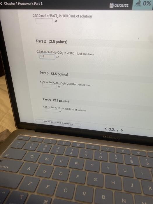 Solved 0.510 mol of BaCl2 in 100.0 mL of solution M Part 2 | Chegg.com