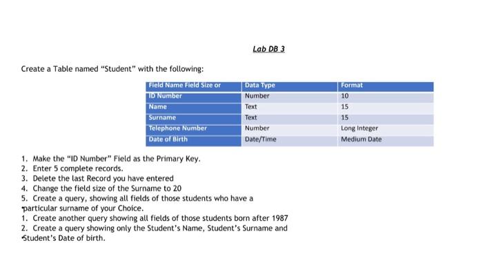 Solved ∠AbDB3 Create a Table named "Student" with the | Chegg.com