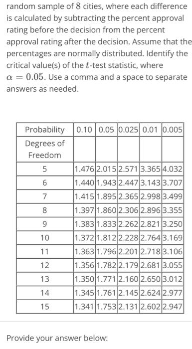 Solved random sample of 8 cities, where each difference is | Chegg.com
