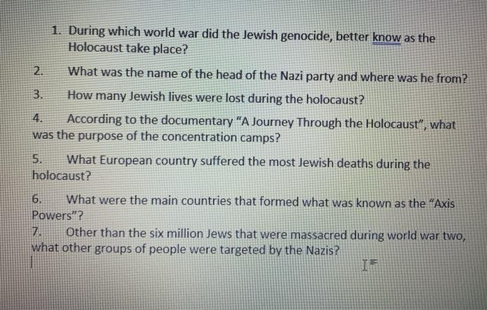 Solved 1. During which world war did the Jewish genocide, | Chegg.com