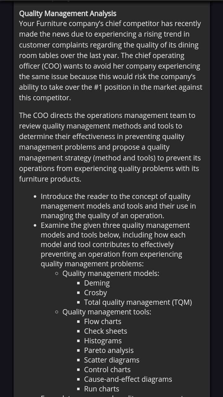 Solved Quality Management AnalysisYour Furniture company's | Chegg.com