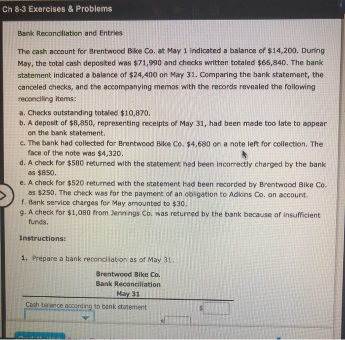 Solved Ch 8-3 Exercises & Problems Bank Reconciliation and | Chegg.com
