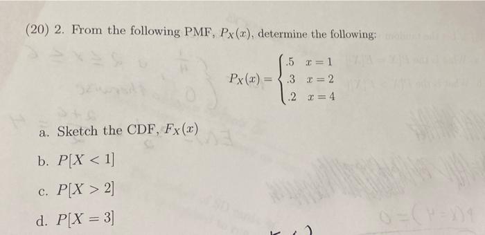 Solved (20) 2. From the following PMF, Px(x), determine the | Chegg.com