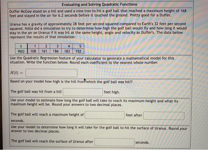 Solved Evaluating and Solving Quadratic Functions Duffer | Chegg.com