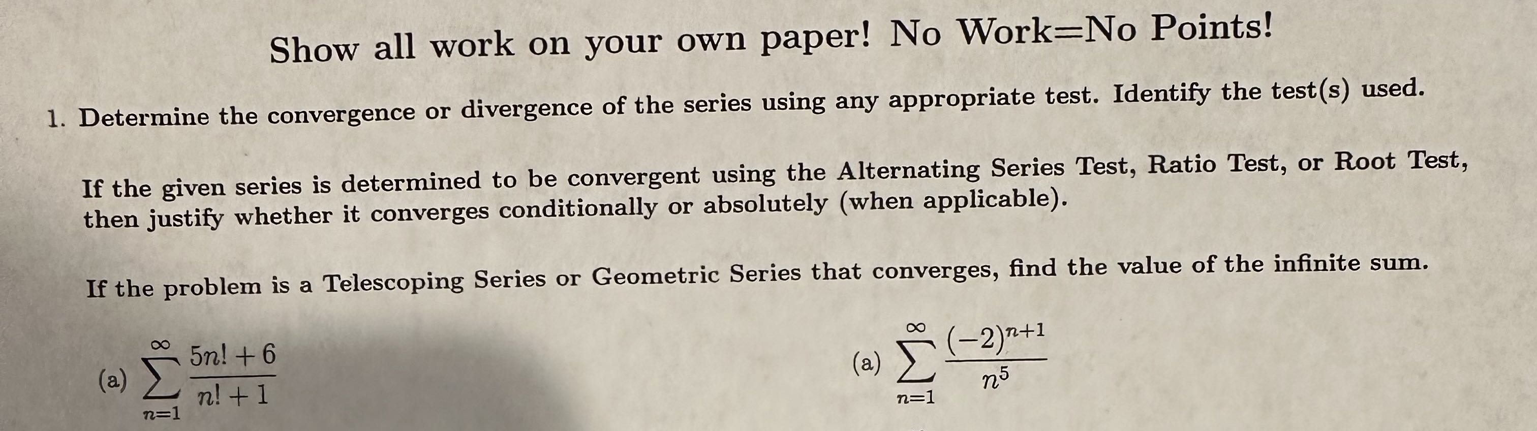 Solved Show all work on your own paper! No Work=No | Chegg.com