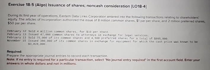 Solved Exercise 18-5 (Algo) ﻿Issuance of shares; noncash | Chegg.com