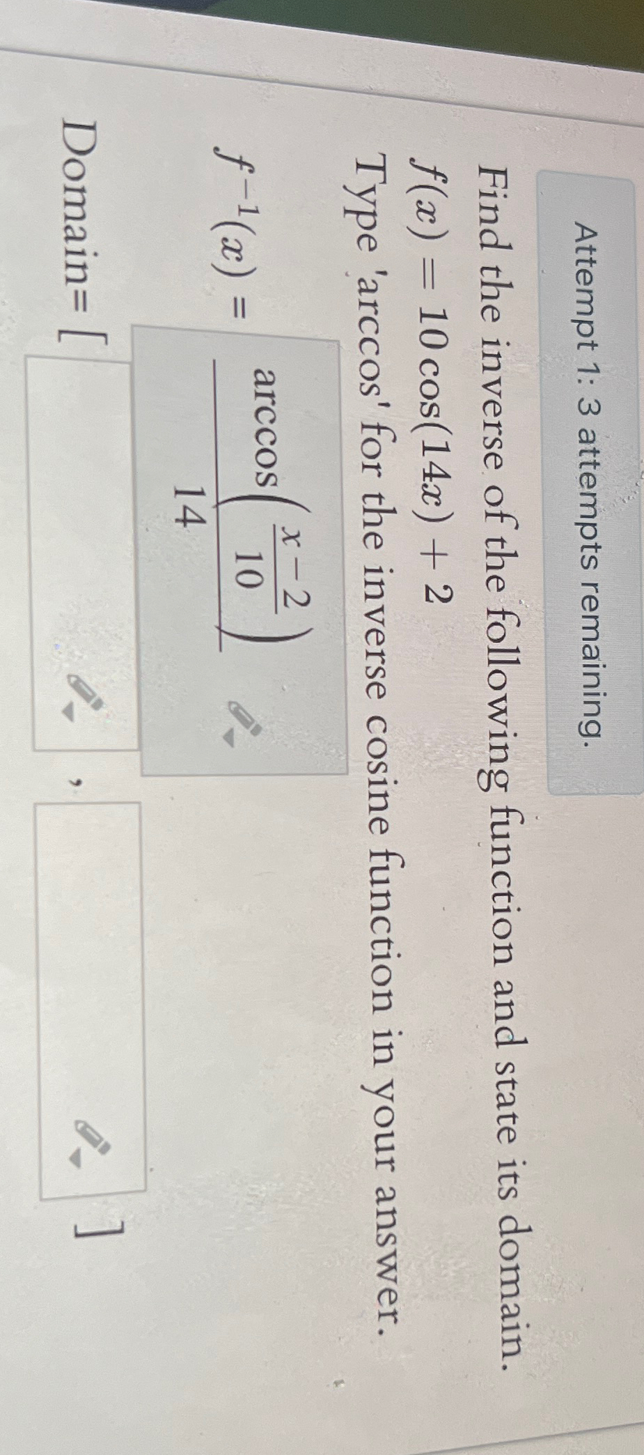 Solved Attempt 1: 3 ﻿attempts remaining.Find the inverse of | Chegg.com