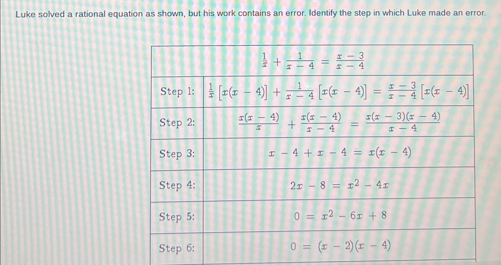 Solved Luke solved a rational equation as shown, but his | Chegg.com Solved Luke solved a rational equation as shown, but his | Chegg.com