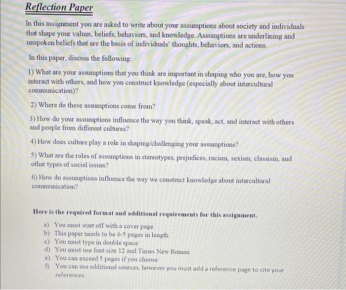 Solved Reflection Paper In this assignment you are asked to | Chegg.com