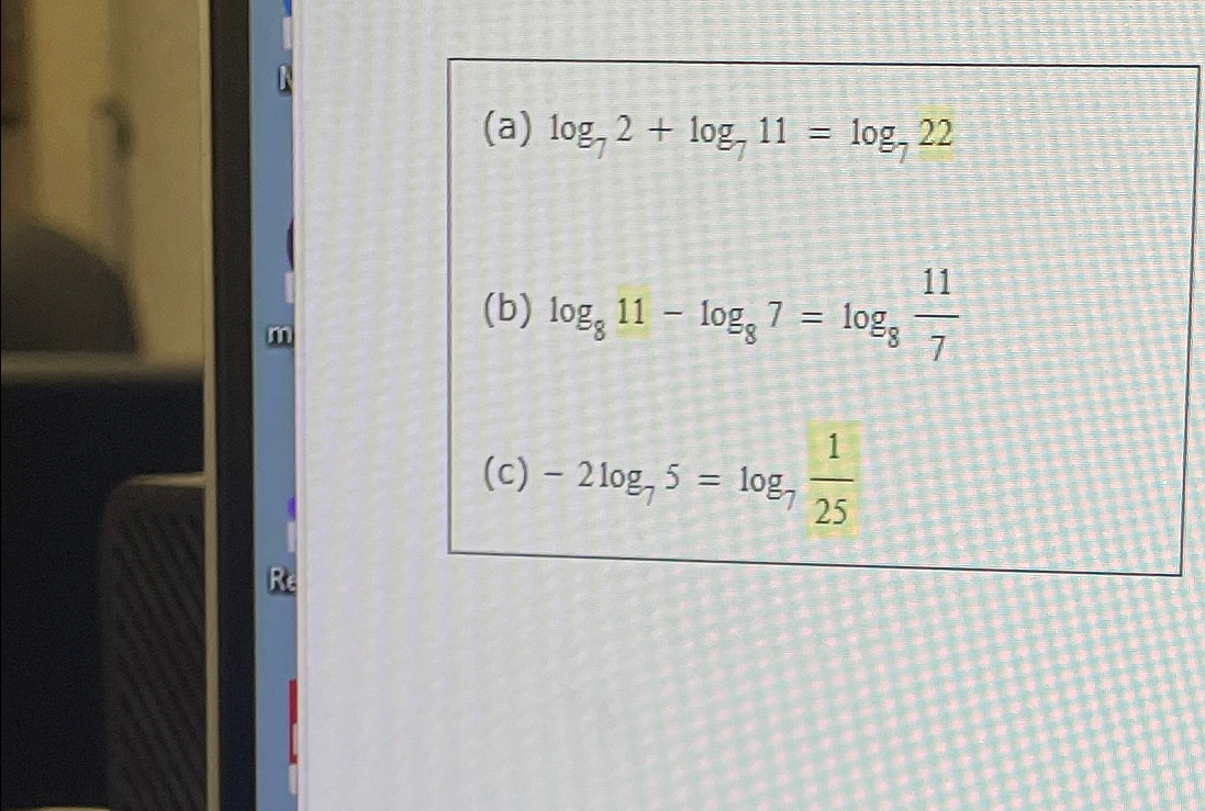 Solved (a) log72+log711=log7(b) log8-log87=log8(117)(c) -2lo | Chegg.com