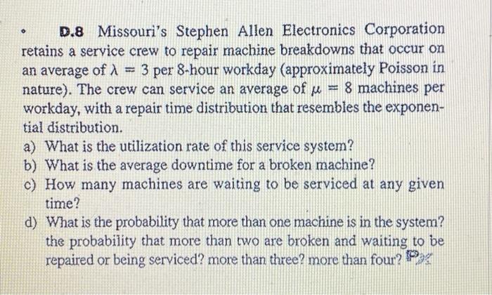Solved D.8 Missouri's Stephen Allen Electronics Corporation | Chegg.com