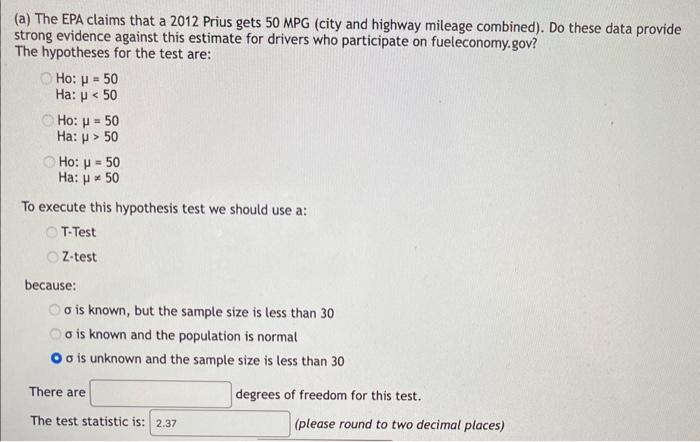 Solved 5.8 Fuel efficiency of Prius: Fueleconomy.gov, the | Chegg.com