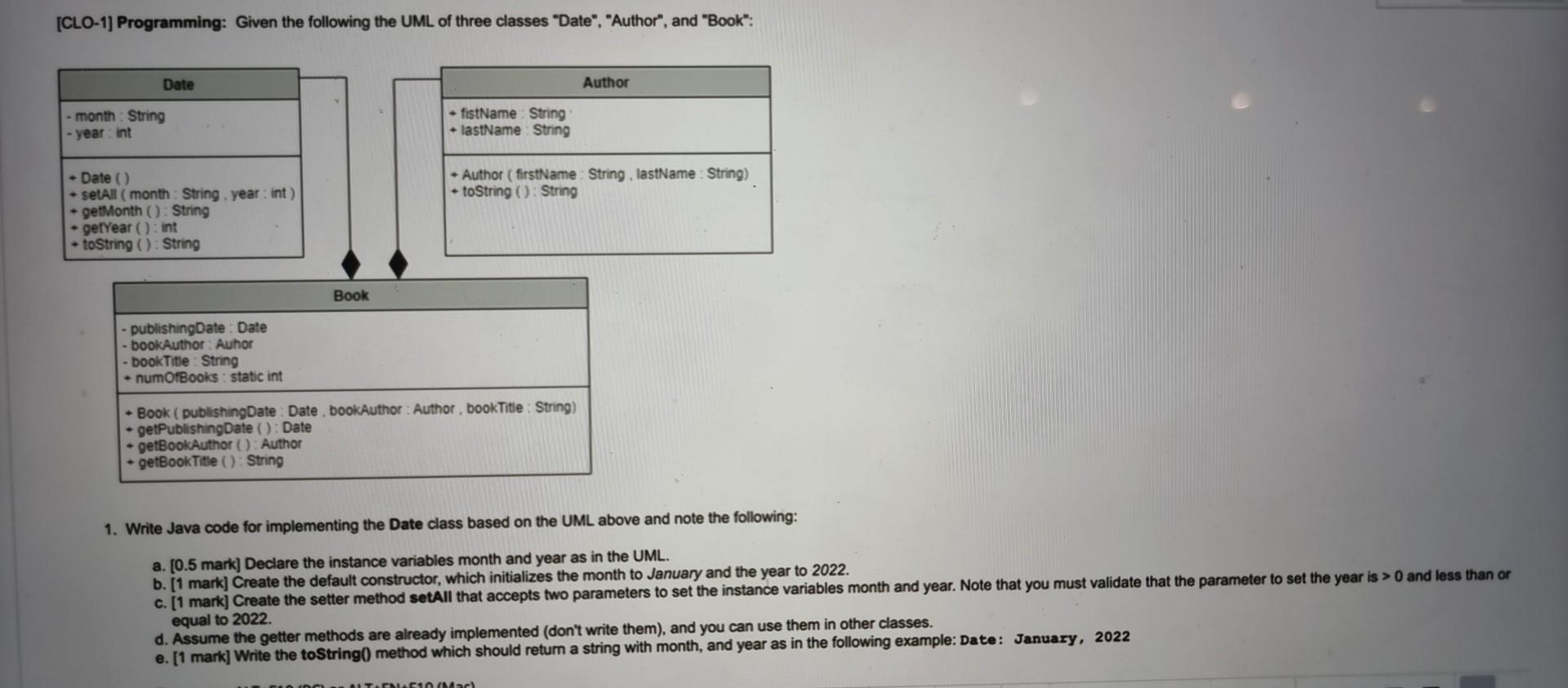 Solved [CLO-1] Programming: Given the following the UML of | Chegg.com