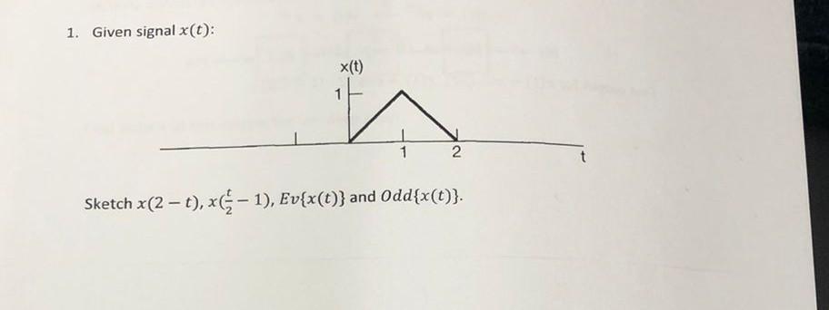 Solved 1. Given signal x(t) : Sketch x(2−t),x(2t−1),Ev{x(t)} | Chegg.com