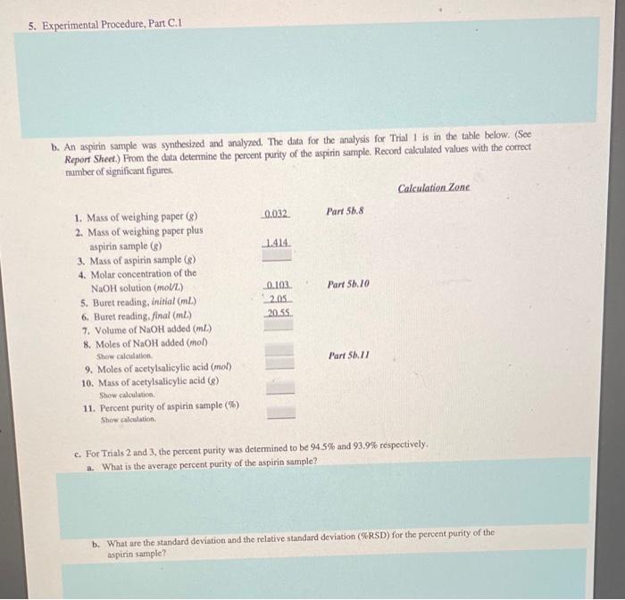 Solved 5. Experimental Procedure, Part C.1 b. An aspirin | Chegg.com