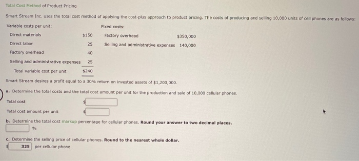 Solved Total Cost Method of Product Pricing Smart Stream | Chegg.com