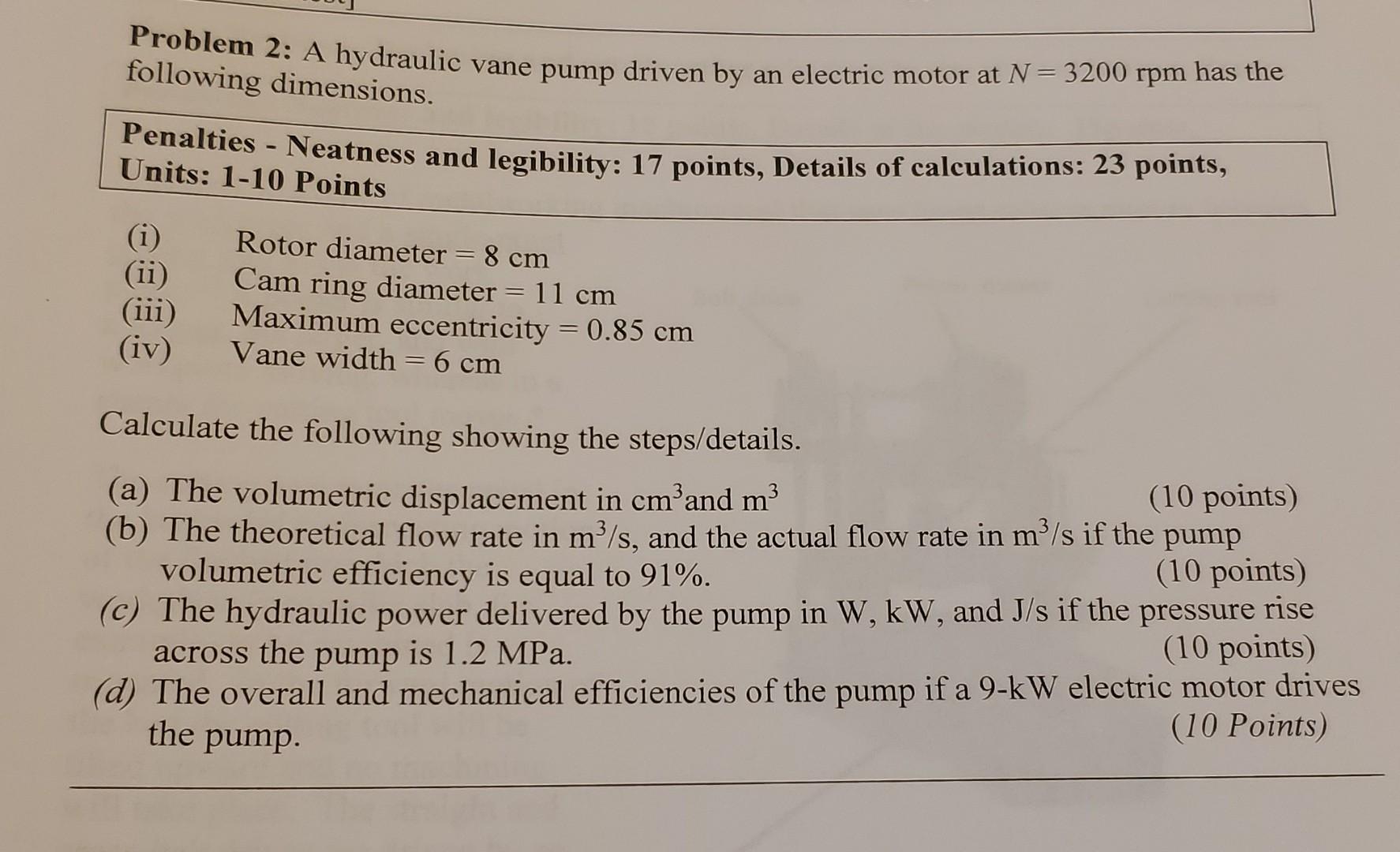 Solved Problem 2: A hydraulic vane pump driven by an | Chegg.com