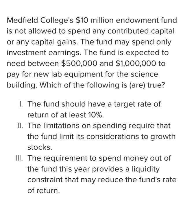 Solved Medfield College's $10 million endowment fund is not | Chegg.com