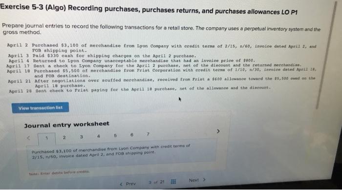 Solved Exercise 5-3 (Algo) Recording purchases, purchases | Chegg.com Solved Exercise 5-3 (Algo) Recording purchases, purchases | Chegg.com
