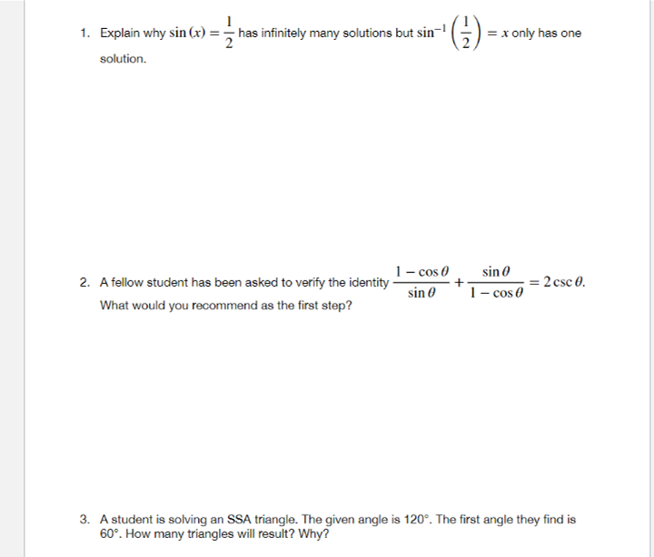 Solved SHOW ALL WORK AND STEPS PLEASE, Explain why sin(x)=12 | Chegg.com