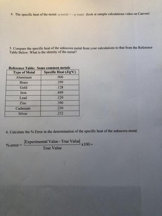 Solved Chem 65- Heat Capacity (Or Specific Heat) of Metals | Chegg.com