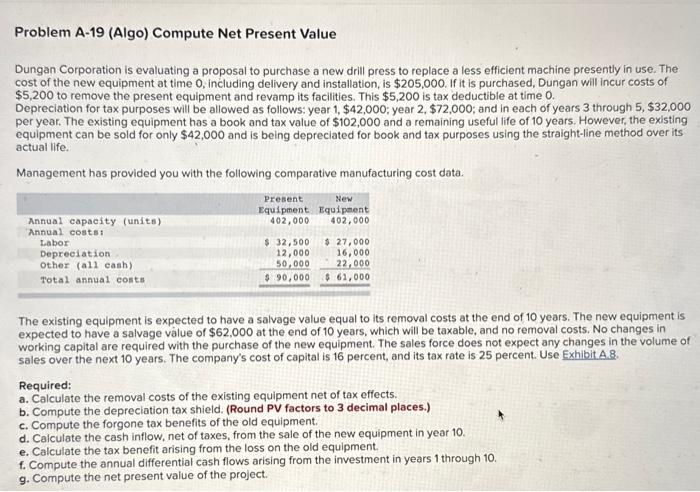 Solved Problem A-19 (Algo) Compute Net Present Value Dungan | Chegg.com