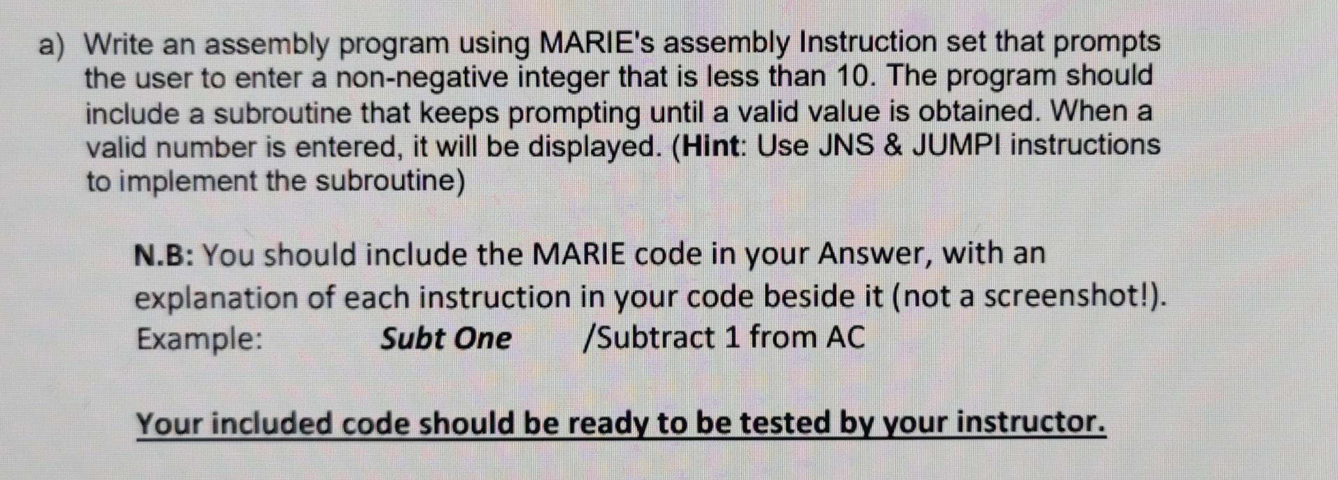 Solved a) Write an assembly program using MARIE's assembly | Chegg.com