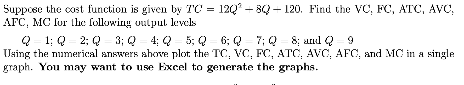 Solved Suppose the cost function is given by TC=12Q2+8Q+120. | Chegg.com
