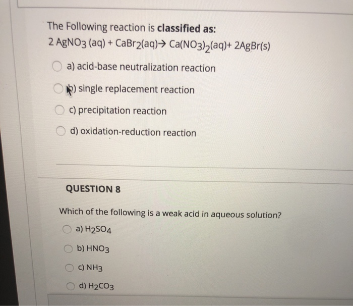 Solved The Following reaction is classified as: 2 AgNO3 (aq) | Chegg.com