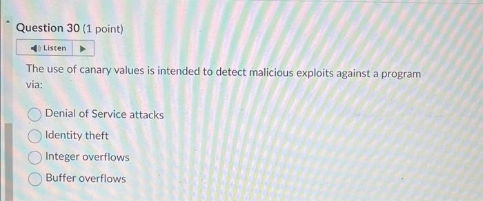 Solved The use of canary values is intended to detect | Chegg.com