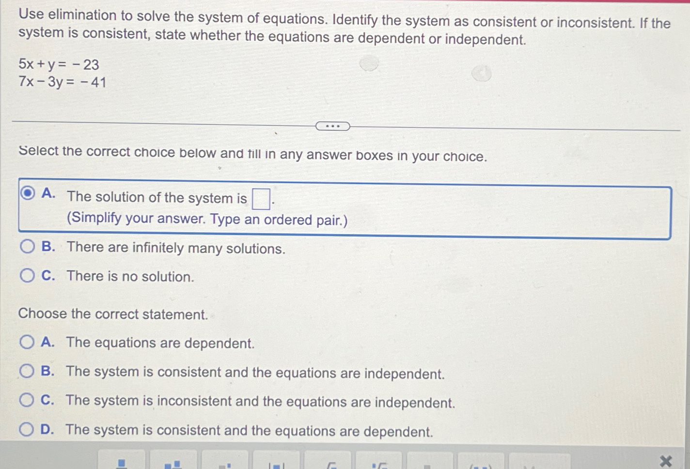 Solved Use elimination to solve the system of equations. | Chegg.com