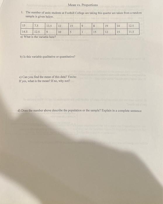 Solved Mean vs. Proportions 1. The number of units students | Chegg.com