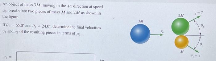 Solved An object of mass 3M, moving in the +x direction at | Chegg.com